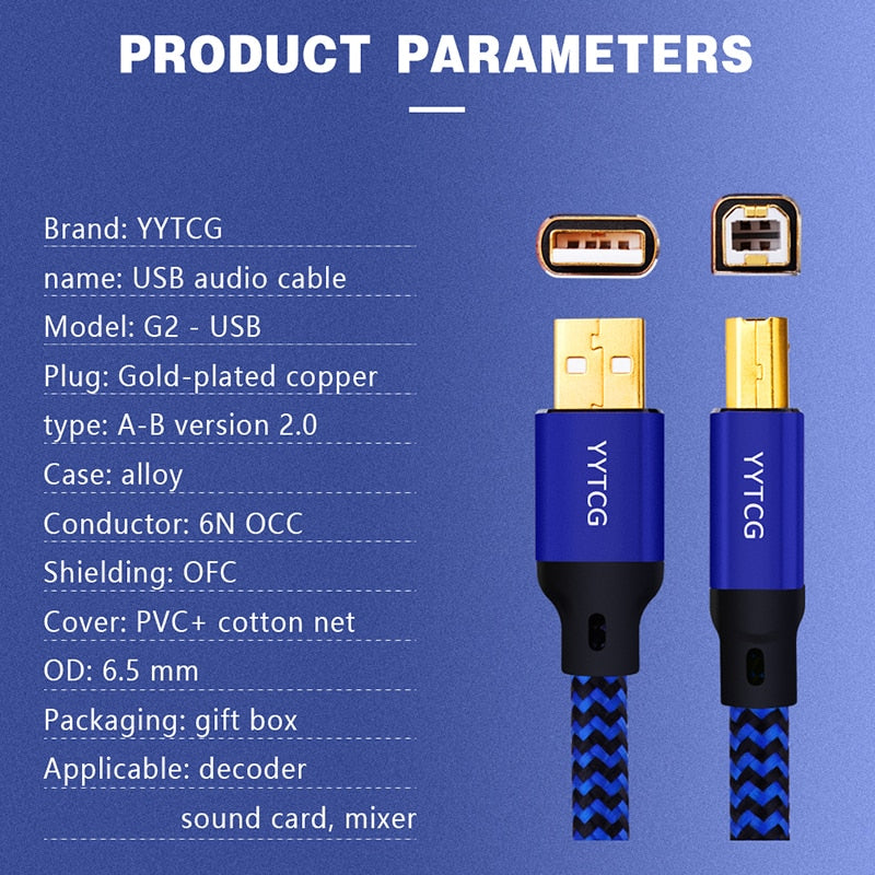 YYTCG Hifi USB Cable DAC A-B Alpha 6N OCC Digital AB Audio A to B high